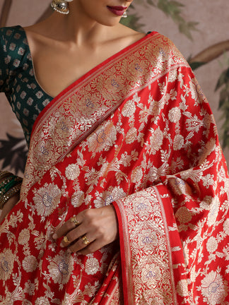 Handwoven Pure Katan Silk Red Banarasi Mughal Boota Saree – Khinkhwab