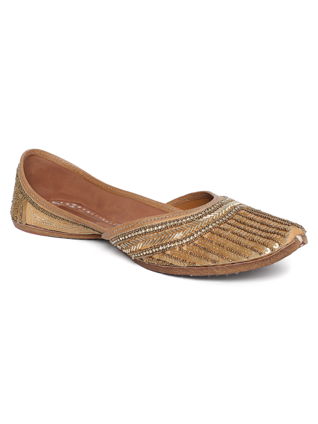 Handcrafted Gold Punjabi Jutti with Sequence Work – Khinkhwab