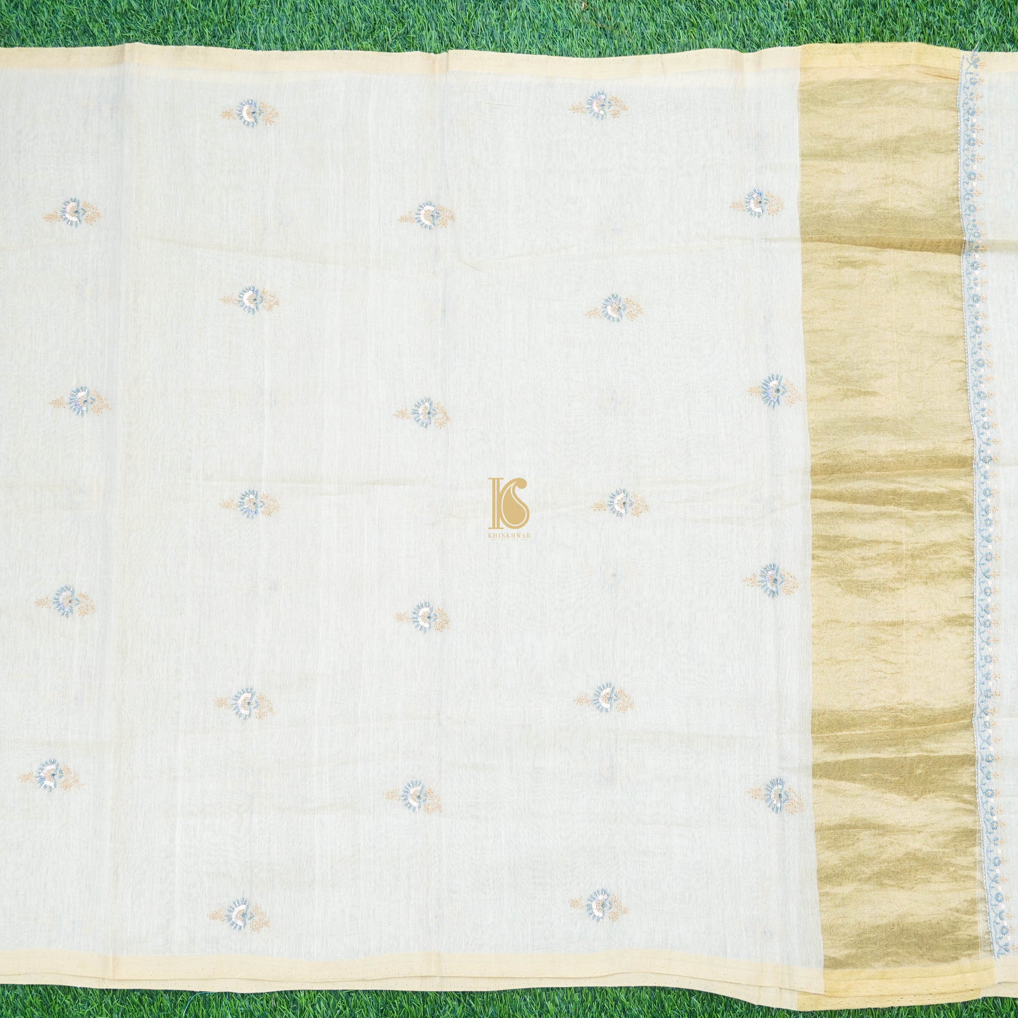 Beige Chikankari Pure Handloom Tissue Chanderi Silk Fabric Set – Khinkhwab