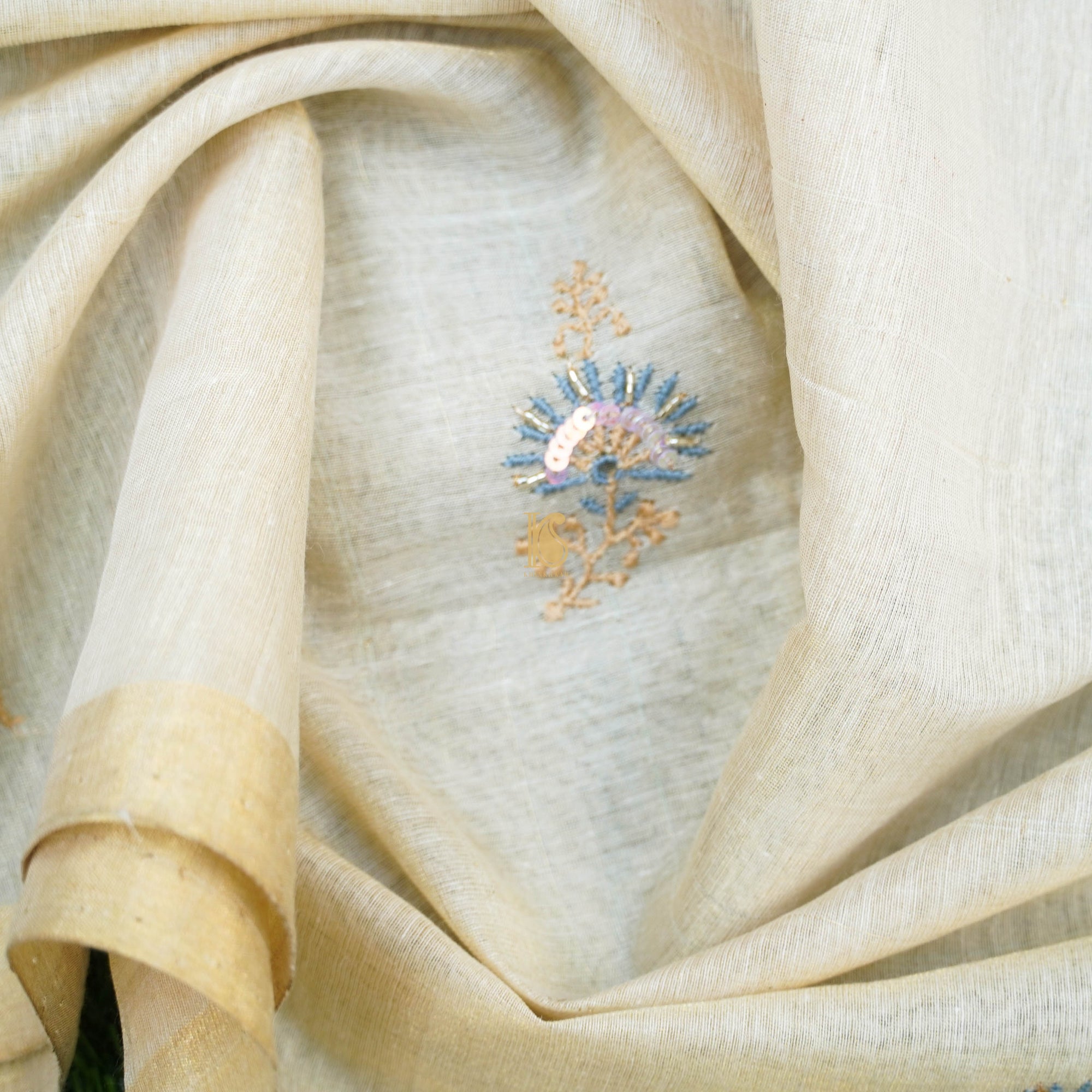 Beige Chikankari Pure Handloom Tissue Chanderi Silk Fabric Set – Khinkhwab
