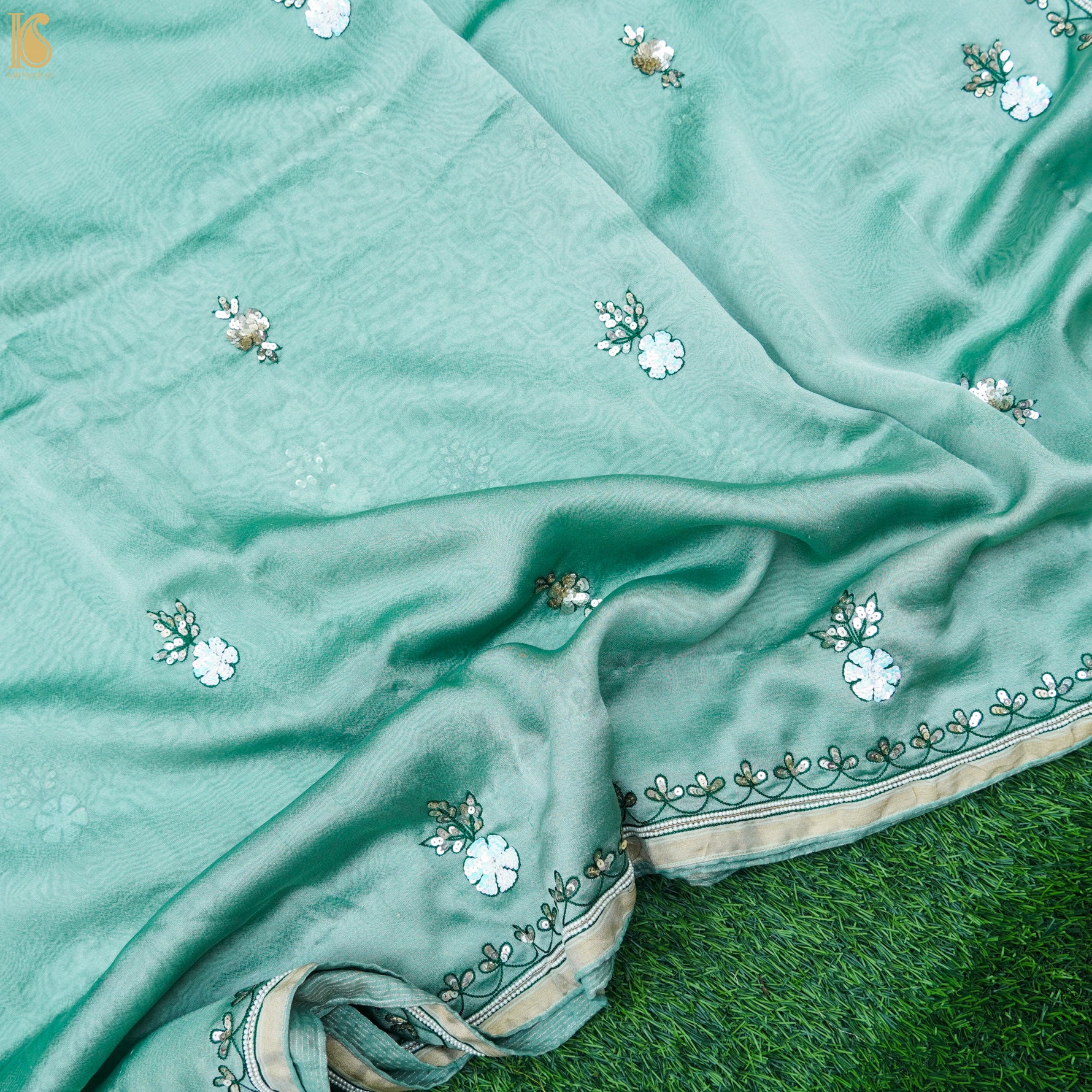 Neptune Green Pure Tissue Silk Pearl & Sequin Embroidery Saree – Khinkhwab