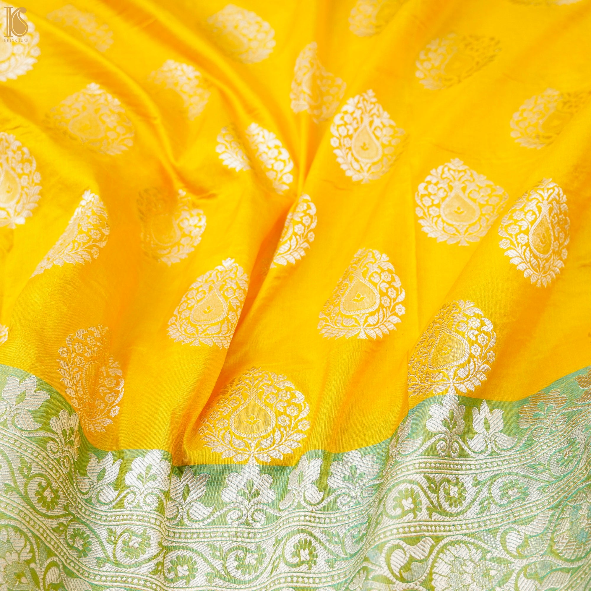 Yellow Pure Katan Silk Banarasi Fabric with Border – Khinkhwab