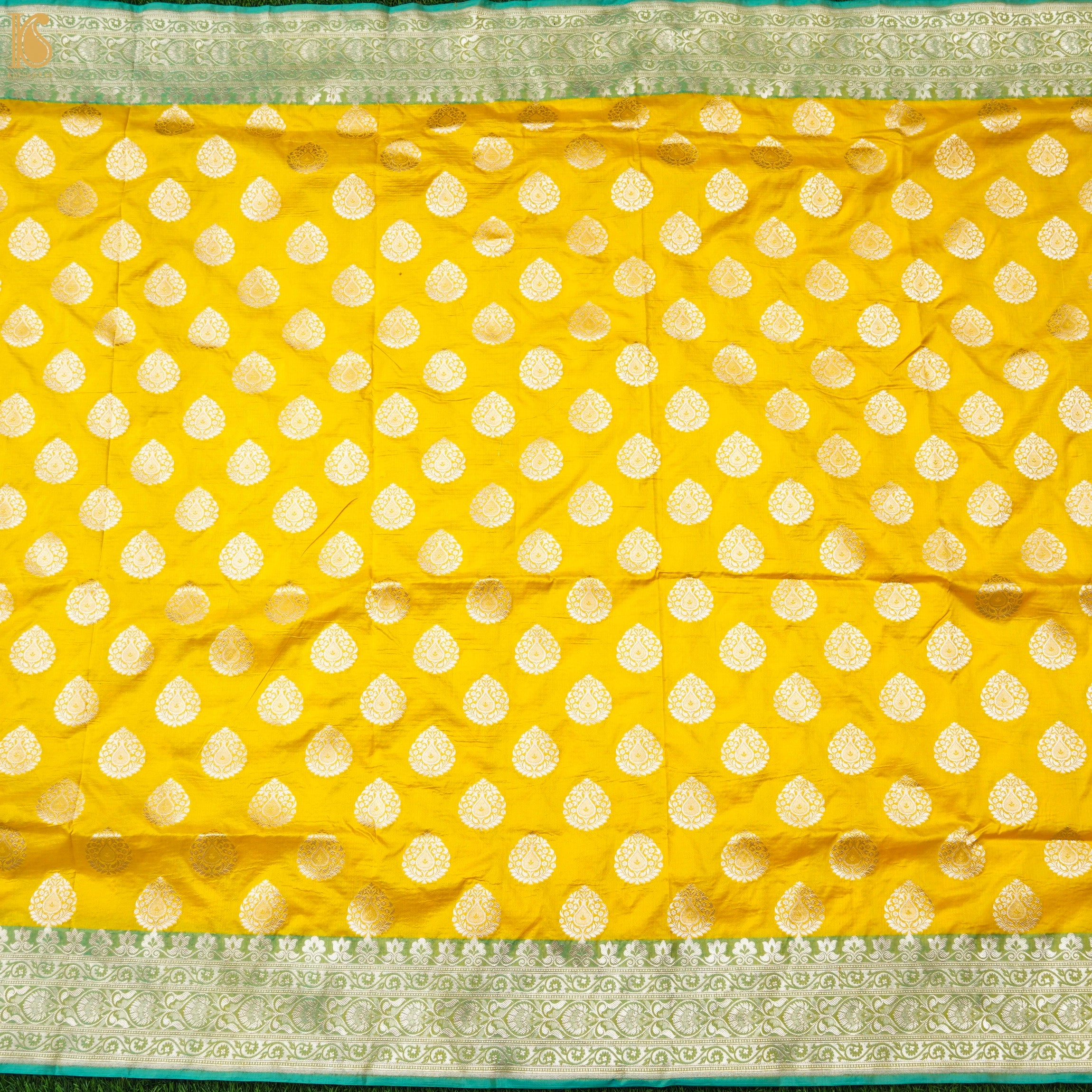 Yellow Pure Katan Silk Banarasi Fabric with Border – Khinkhwab